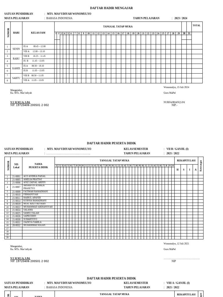 Daftar Hadir PD (2021-2022) Ganjil | PDF