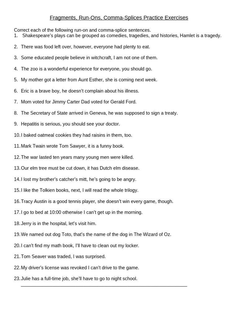Sentence Correction Practice: Fragments, Run-Ons, Comma Splices | PDF