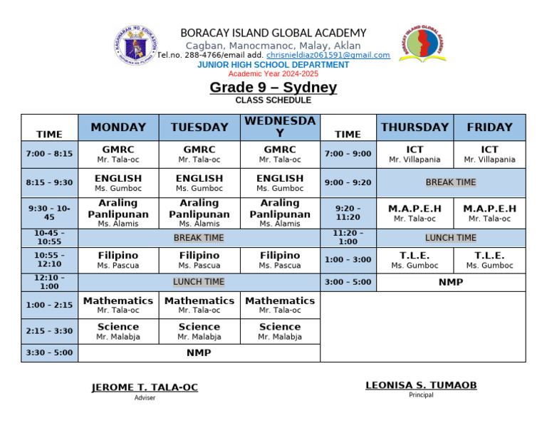 Grade 9 Class Schedule 2024-2025 Revised | PDF