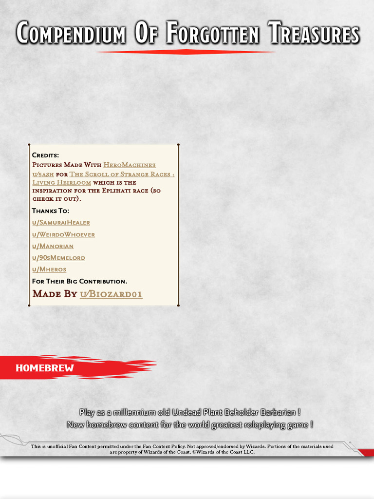 D&D 5E - Homebrew - Compendium of Forgotten Treasures | PDF