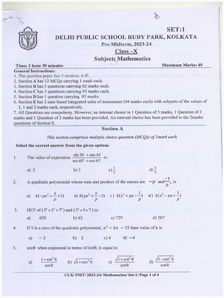 CL 10 Mathematics 2023-24 Pre Mid Term | PDF