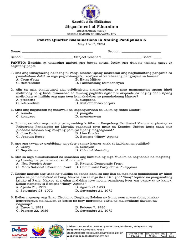 Araling Panlipunan 6 - Q4 - Test Questions | PDF