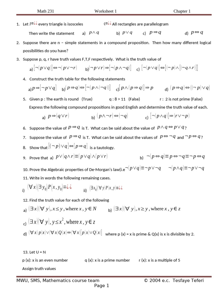 CH 1 Math 231 Worksheet | PDF | If And Only If | Abstract Algebra