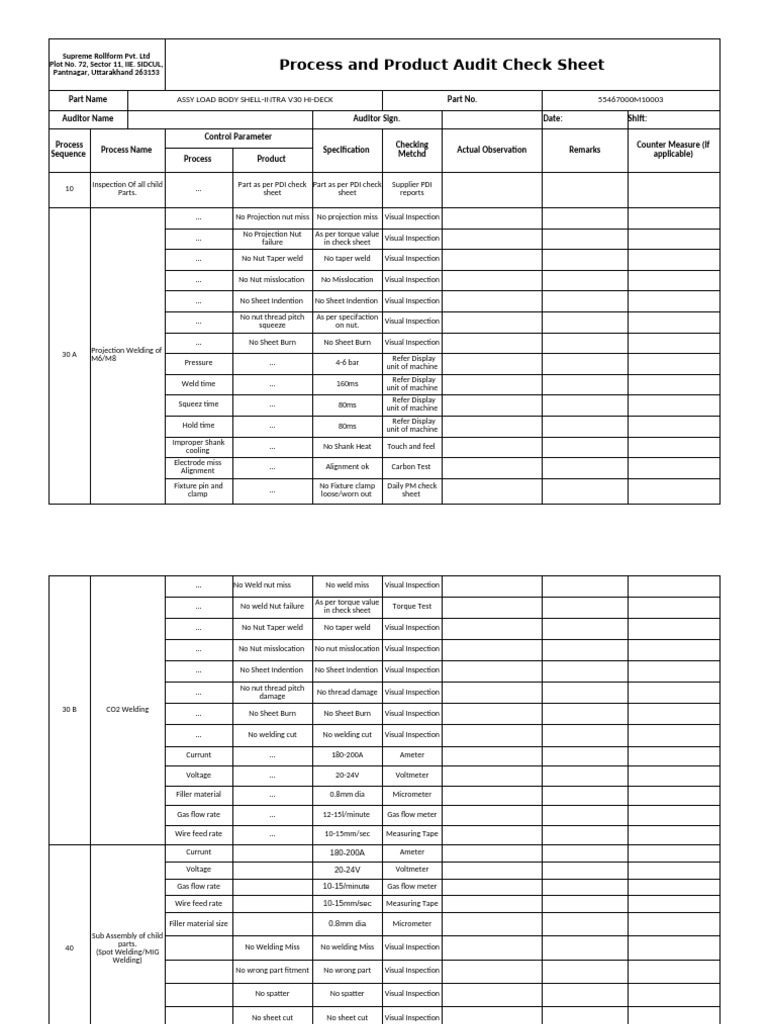 Process & Product Audit Check Sheet (V30 Hi Deck) | PDF