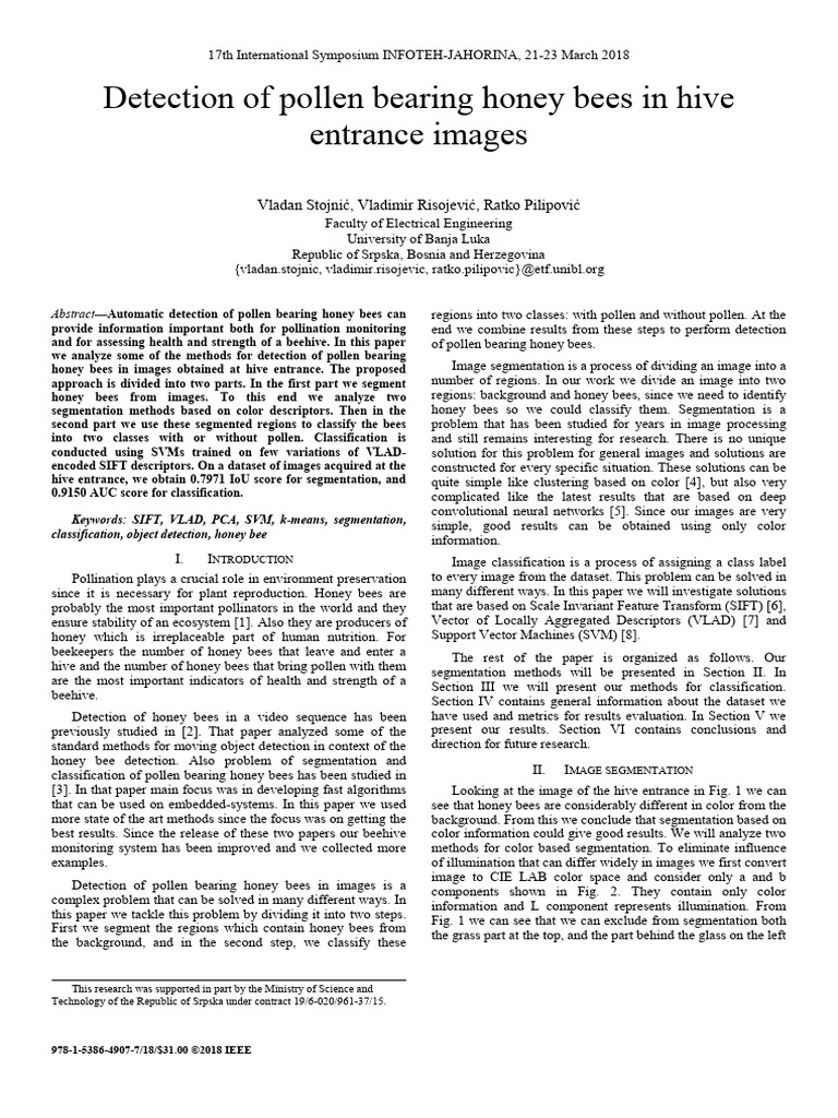Detection of Pollen Bearing Honey Bees in Hive Entrance Images | PDF