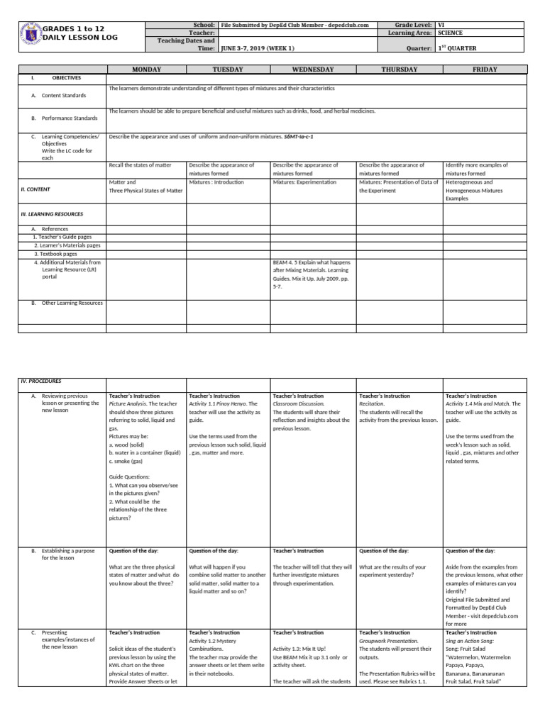 DLL - Science 6 - Q1 - W1 | PDF