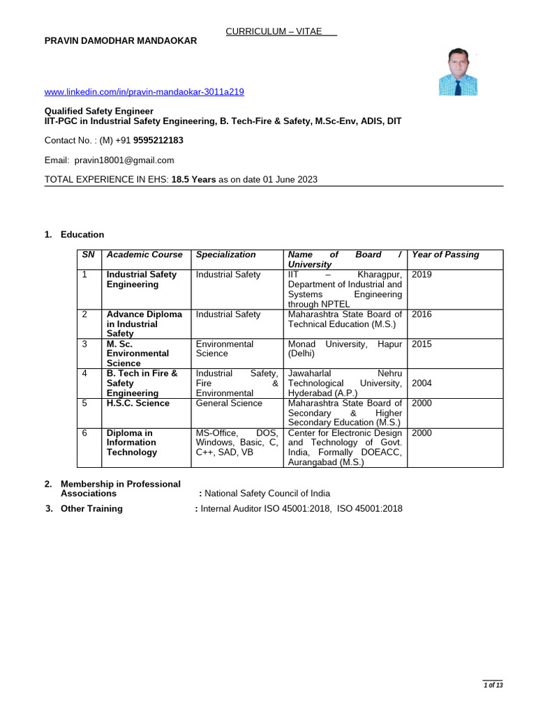 CV - Safety - Pravin Mandaokar 2023 | PDF