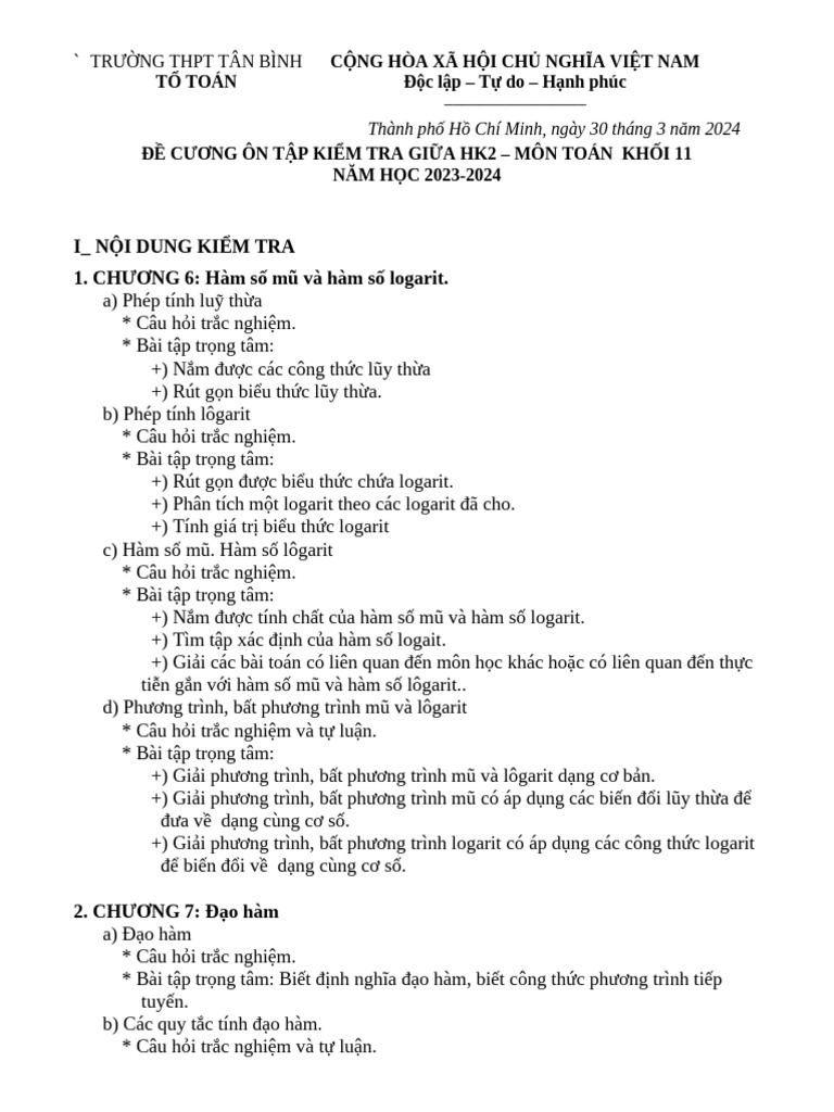 Toan11 Noi Dung ON TAP CHK2 NH 2023 2024 | PDF