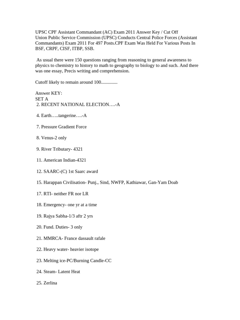 UPSC Assistant Commandant Answer Key | PDF