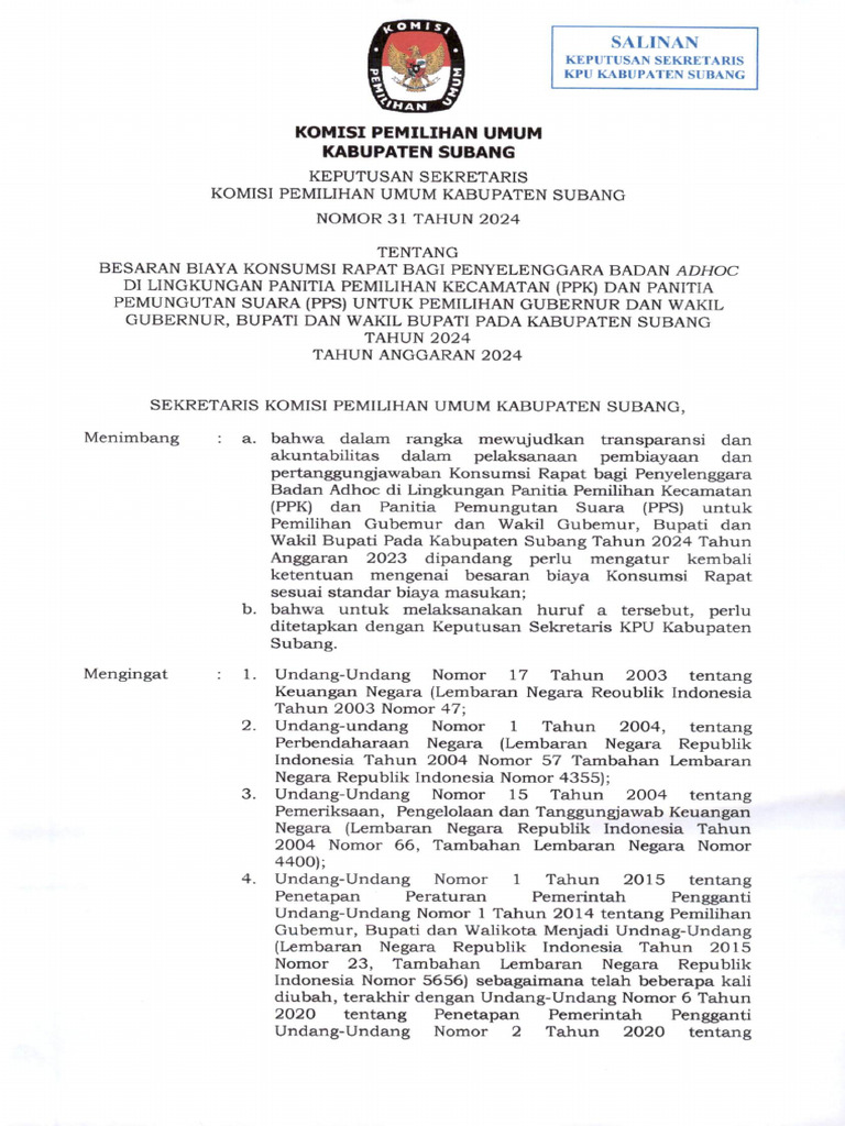 Kpts Sek Kpu Subang 31 TH 2024 - SBM Konsumsi Rapat Badan Adhoc | PDF