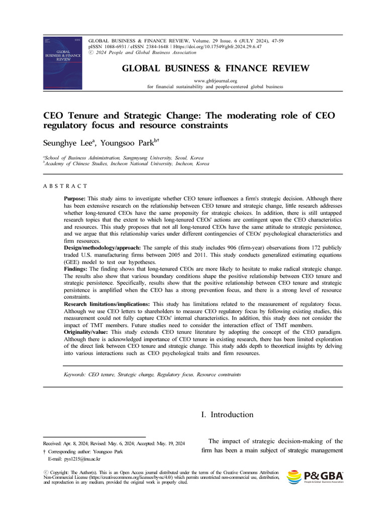 CEO Tenure and Strategic Change - The Moderating Role of CEO Regulatory ...