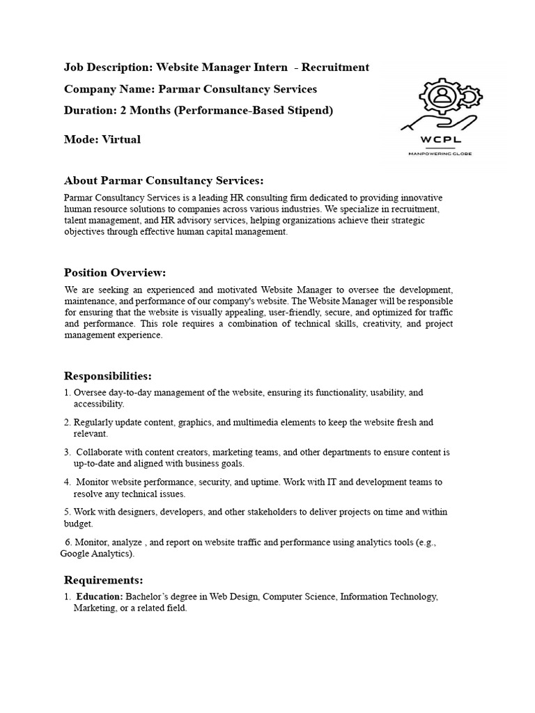 Job Description - Website Manager Intern | PDF | Usability | Career ...