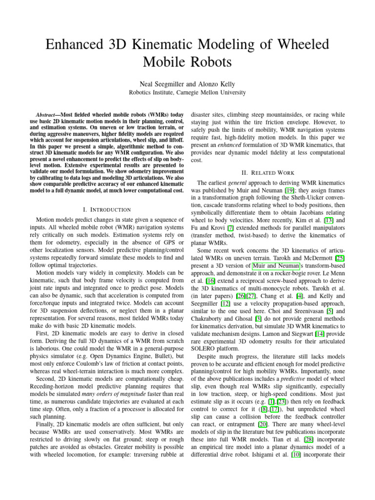 Enhanced 3D Kinematic Modeling of Wheeled Mobile Robots: Neal Seegmiller and Alonzo Kelly | PDF