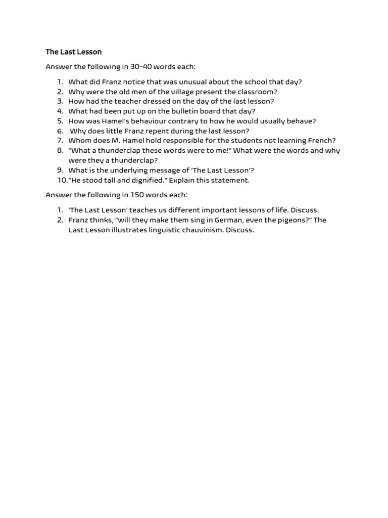 The Last Lesson - Worksheet | PDF