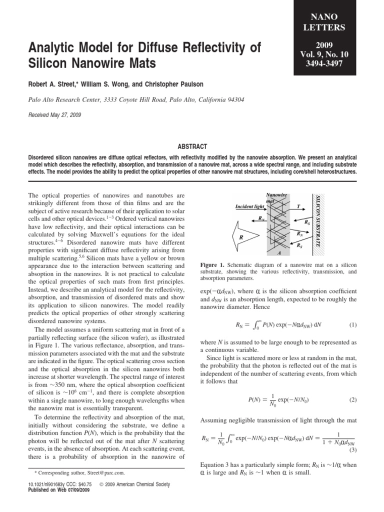 Analytic Model For Diffuse Reflectivity of Silicon Nanowire Mats | PDF