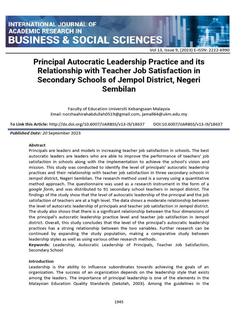 Principal Autocratic Leadership Practice and Its Relationship With ...