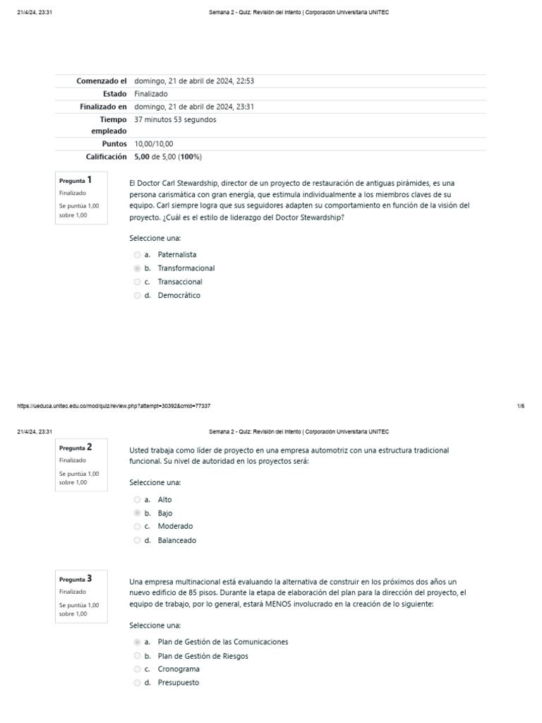 Semana 2 - Quiz - Revisión Del Intento PMP 2 JLJ | PDF