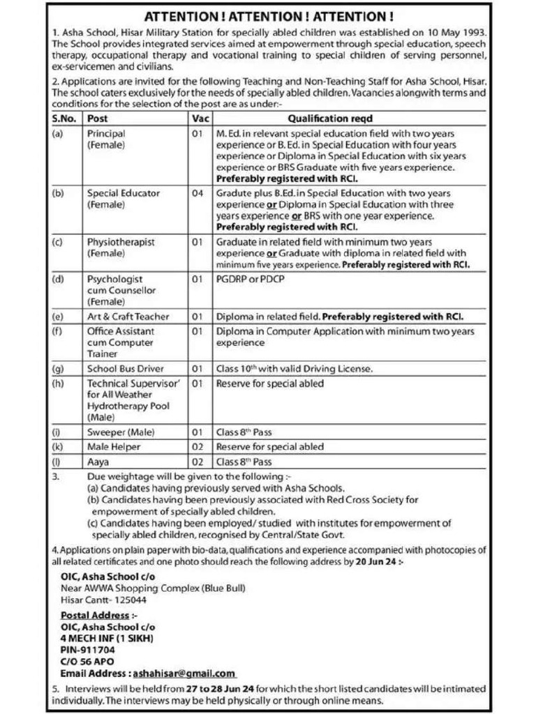 Asha School Military Station Hisar Vacancy 2024 Notification and ...