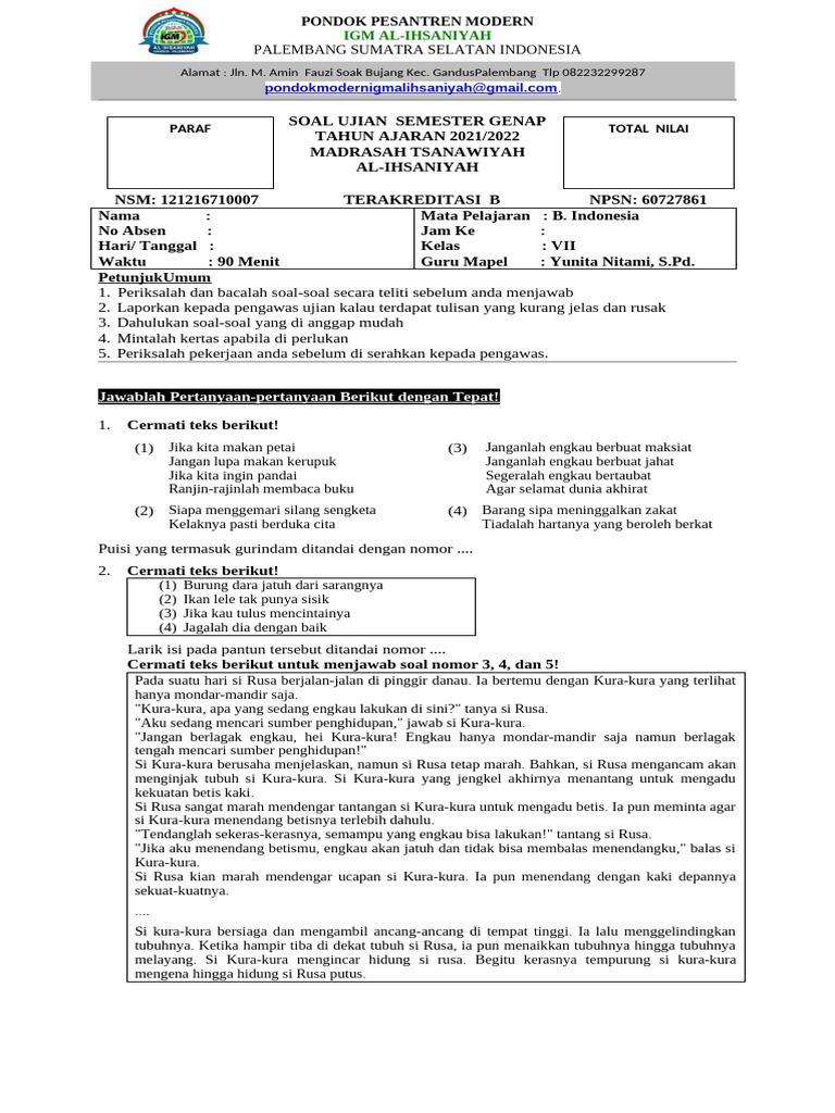 Soal B.Indo Kls 7 Genap 2021-2022 | PDF