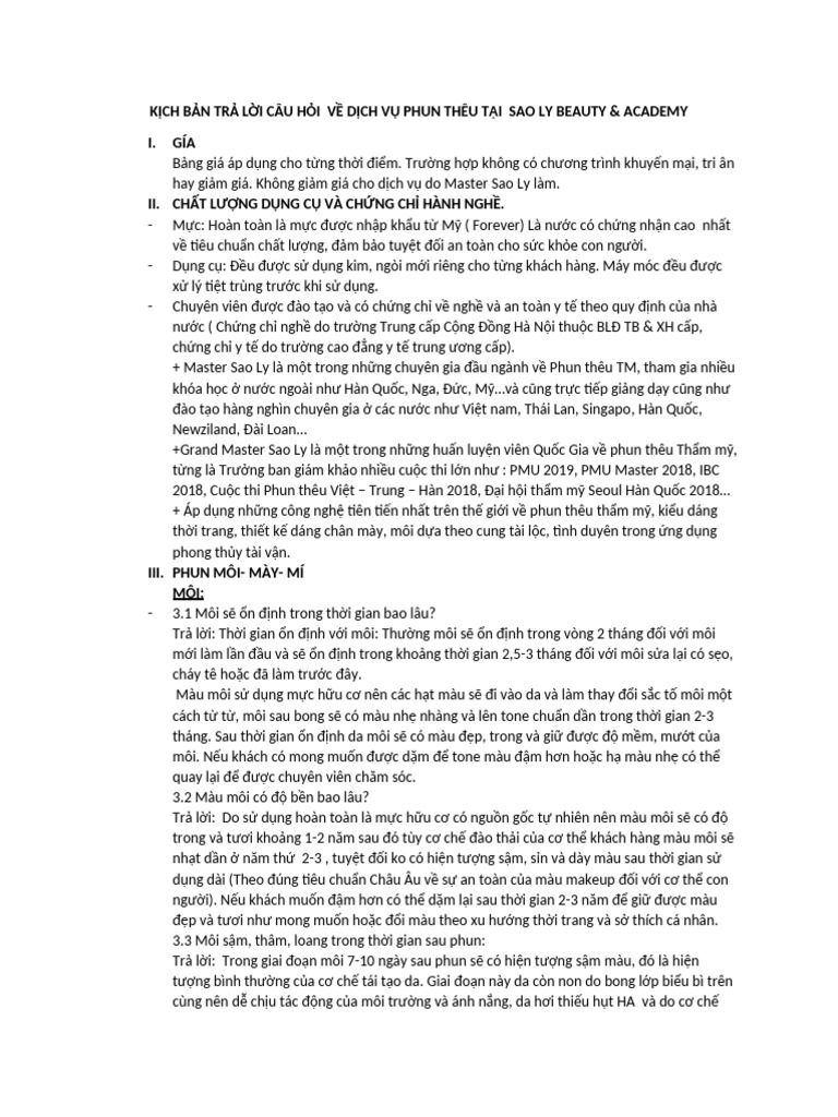 KỊCH BẢN TRẢ LỜI CÂU HỎI VỀ DỊCH VỤ PHUN THÊU TẠI SAO LY BEAUTY | PDF