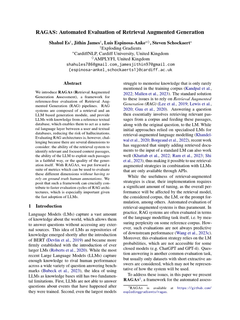 RAGAS - Automated Evaluation of Retrieval Augmented Generation | PDF
