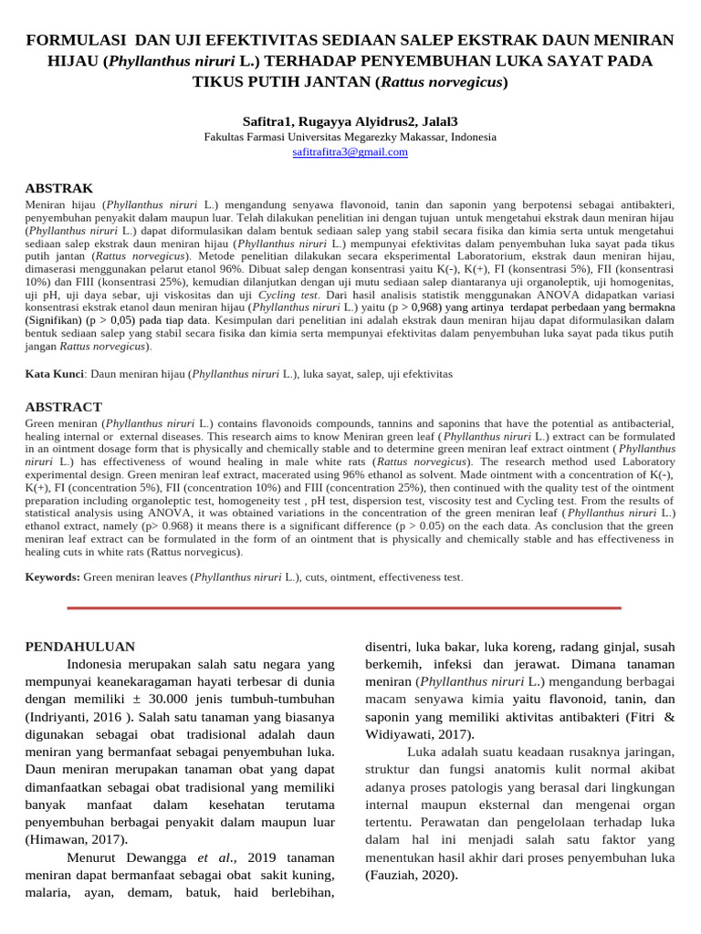 Jurnal Formulasi Dan Uji Efektivitas Sediaan Salep Ekstrak Daun Meniran Hijau | PDF