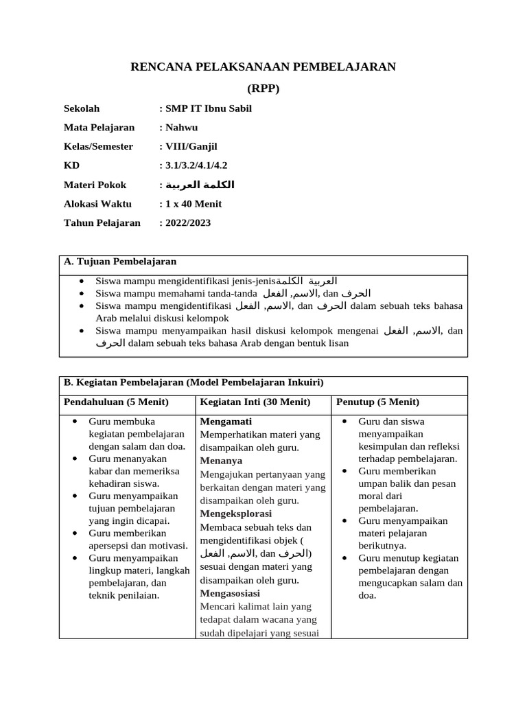 Adinda Safitria - RPP Nahwu - 1 | PDF