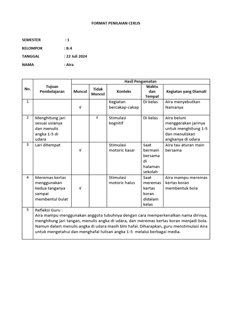 cONTOH PENILAIAN CEKLIS TK | PDF