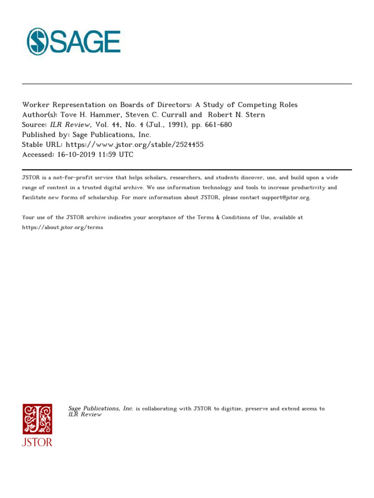Worker Representation On Boards of Directors A Study of Competing Roles ...
