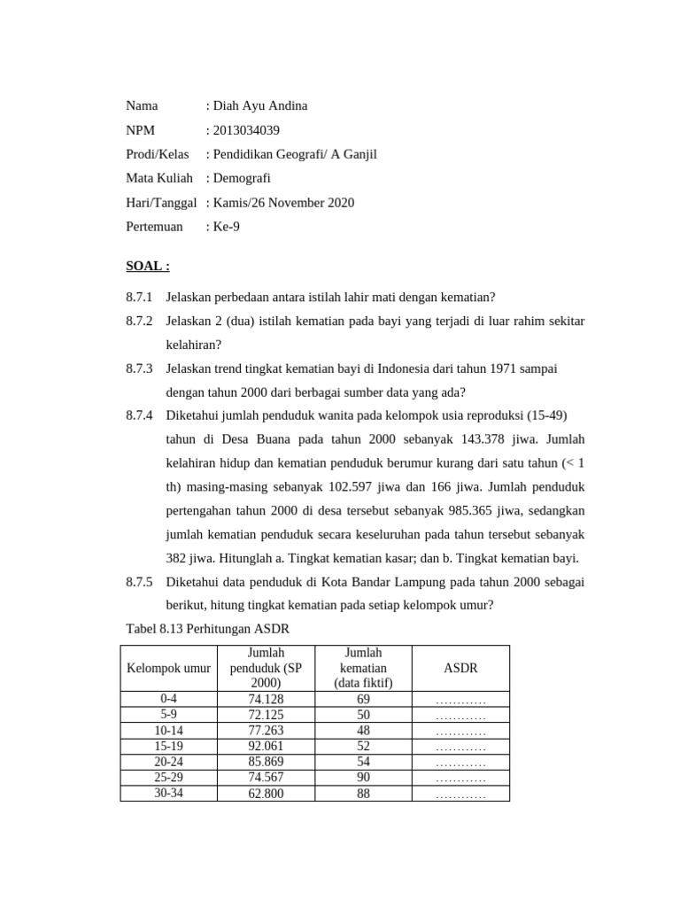 SMT. 1 - (13) TUGAS MANDIRI (Mortalitas) Pertemuan Ke - 9 | PDF