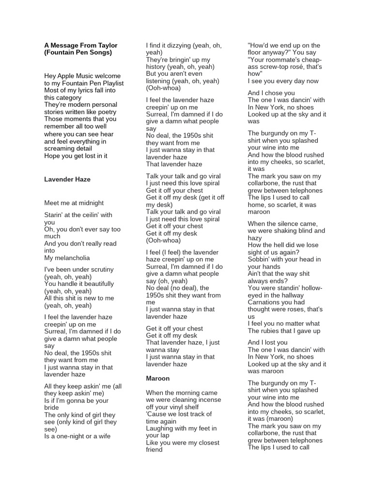 Taylor Swift's Fountain Pen Songs | PDF