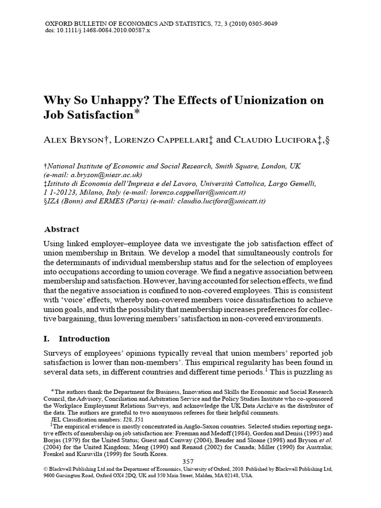 Why So Unhappy The Effects of Unionization Onjob Sat | PDF