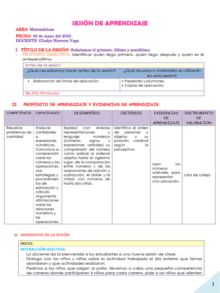 SESION - MAT-Señalamos El Primero, Último y Penúltimo | PDF