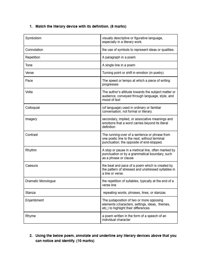 Musa Poetry Literary Devices Worksheet 12 - 8 | PDF