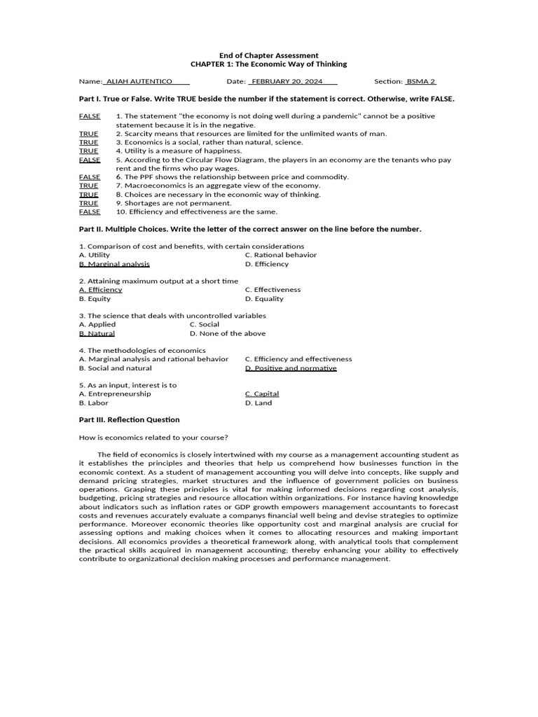 Econ 124 Assignment End of Chapter Assessment | PDF