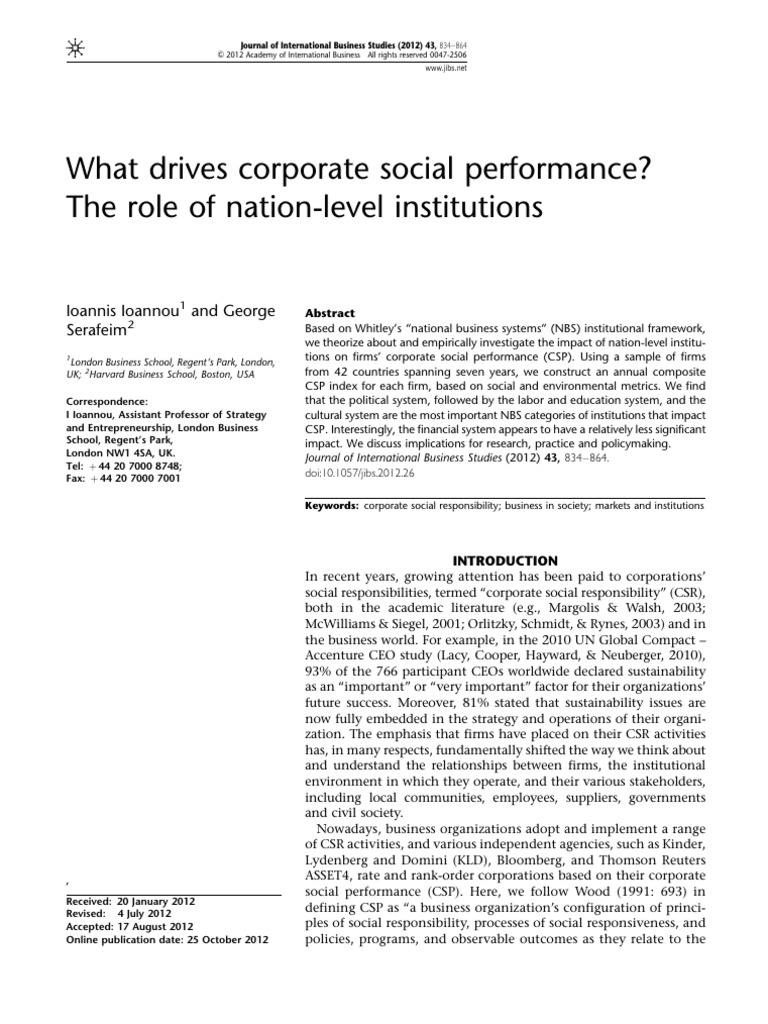 What Drives Corporate Social Performance The Role of National | PDF