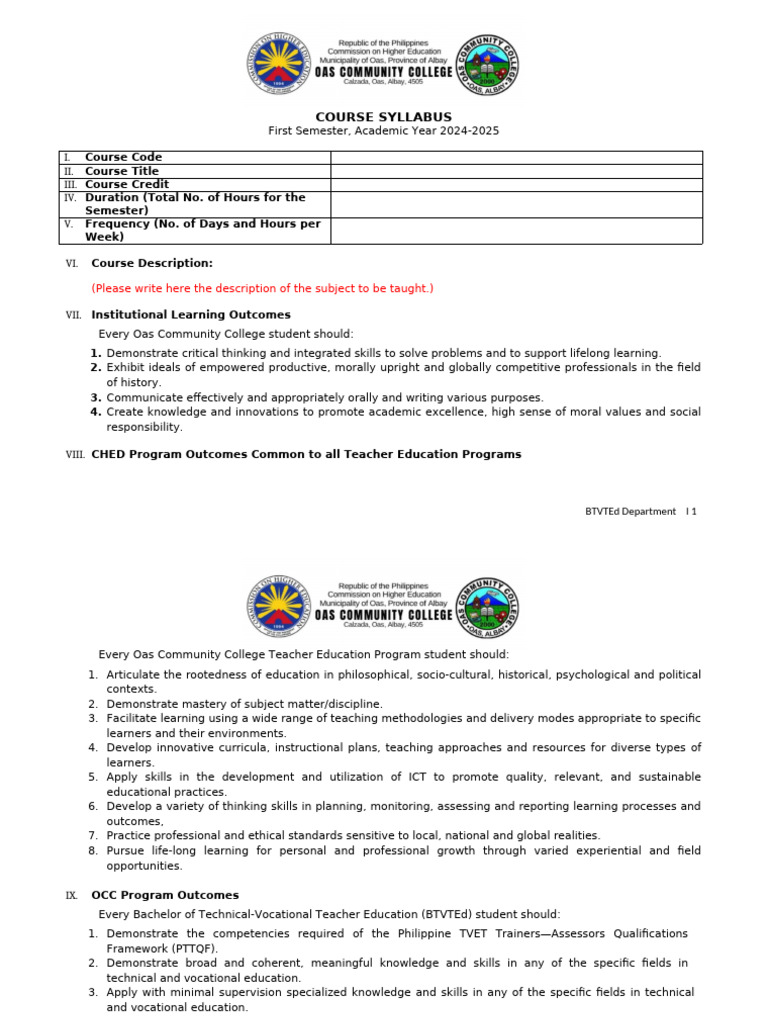 BTVTEd EDITABLE COURSE SYLLABUS | PDF | Learning | Teacher Education