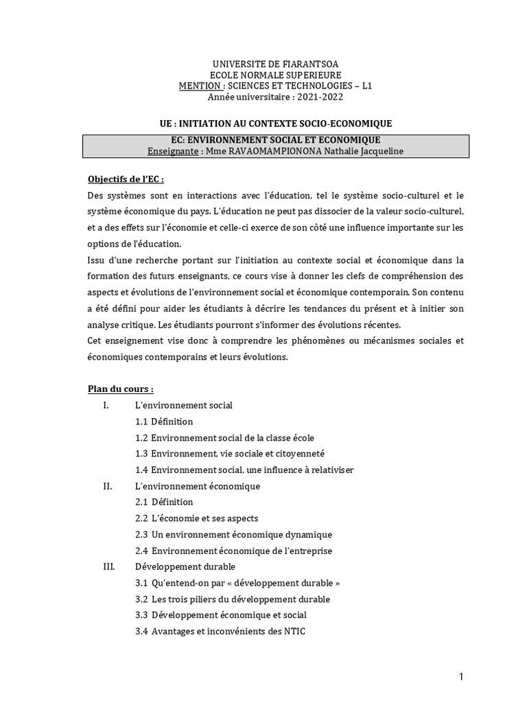Cours - Environnement Social Et Economique - STL1 - 2021-2022-1 | PDF