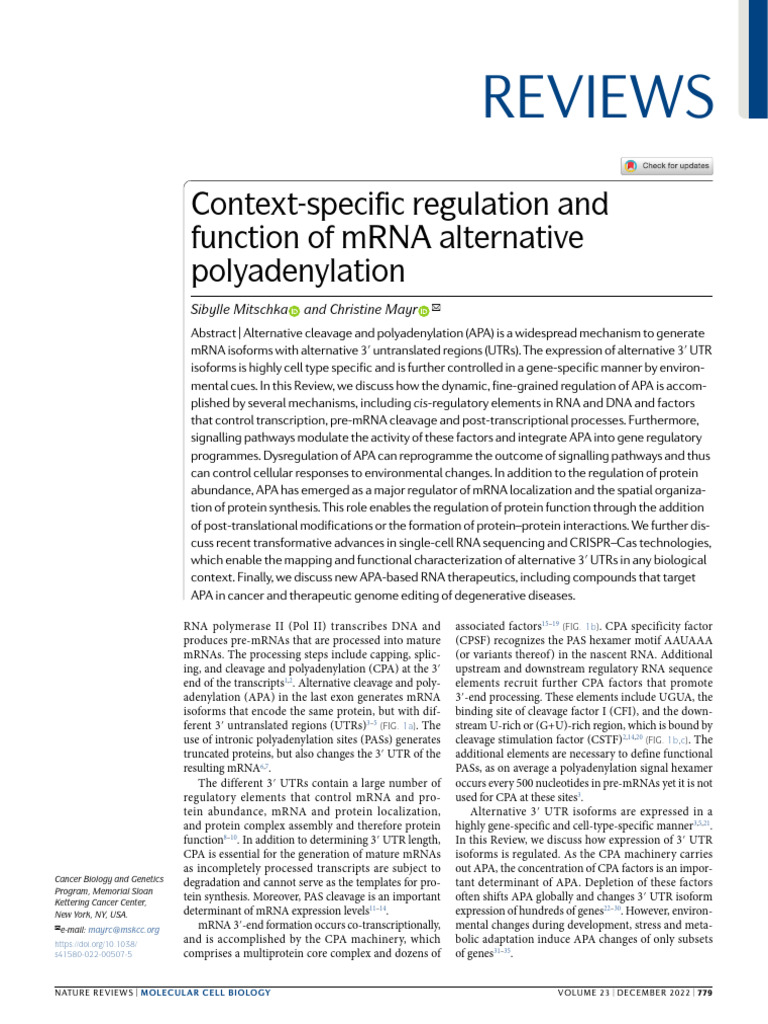 Context - Specific Regulation and Function of MRNA Alternative Polyadenylation | PDF