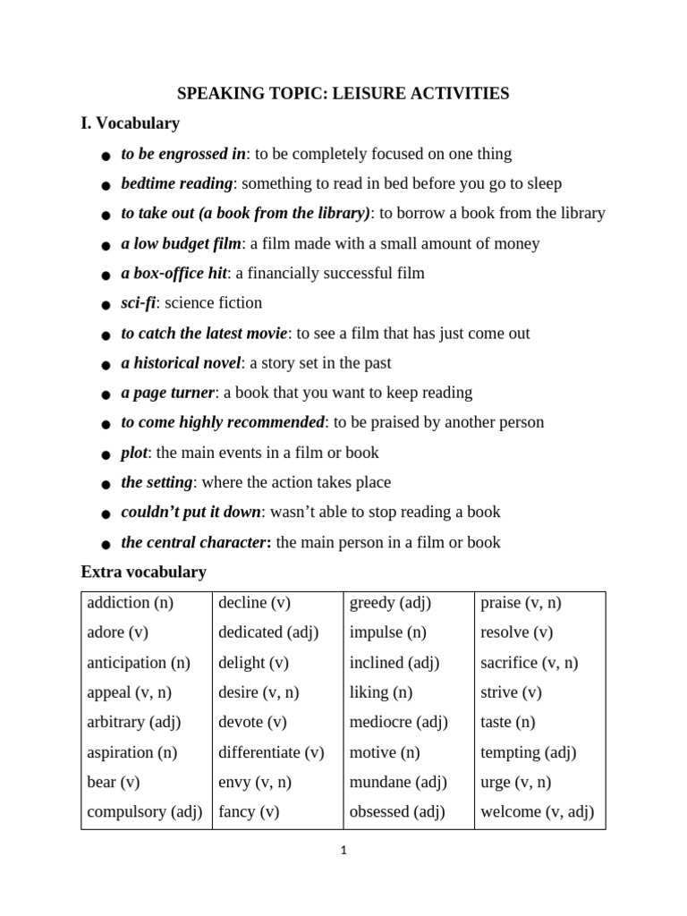 Speaking 2. Vocabulary-Leisure activities | PDF