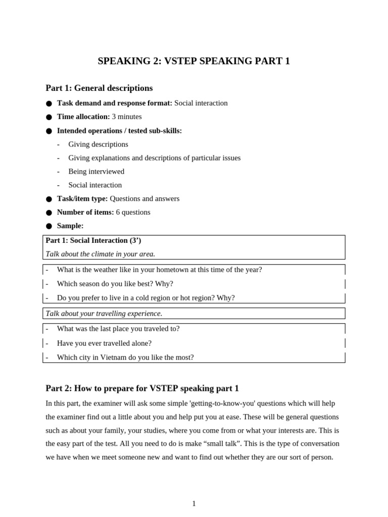 Speaking 2. Vstep Part 1 | PDF