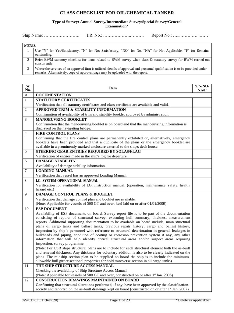 Class Checklist For Tanker | PDF