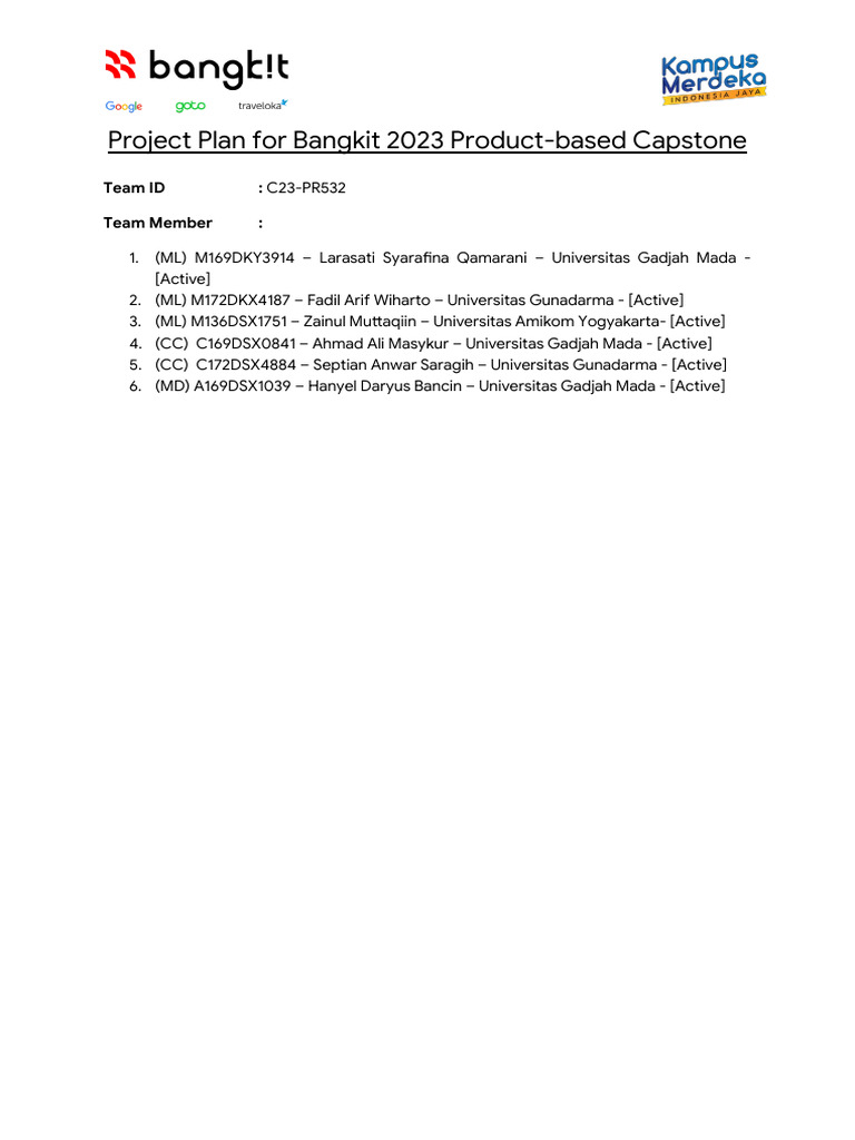 C23-PR532 - Project Plan For Bangkit 2023 Product-Based Capstone | PDF