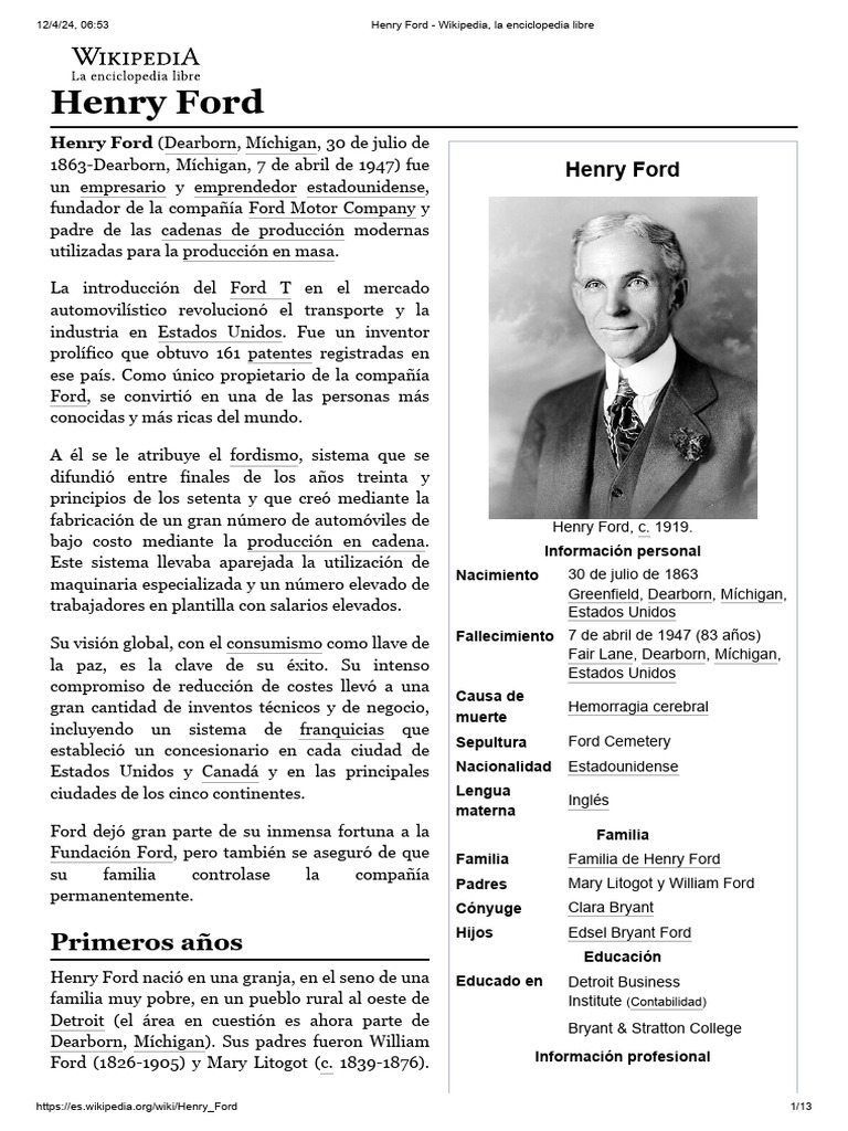 Henry Ford - Wikipedia, La Enciclopedia Libre | PDF