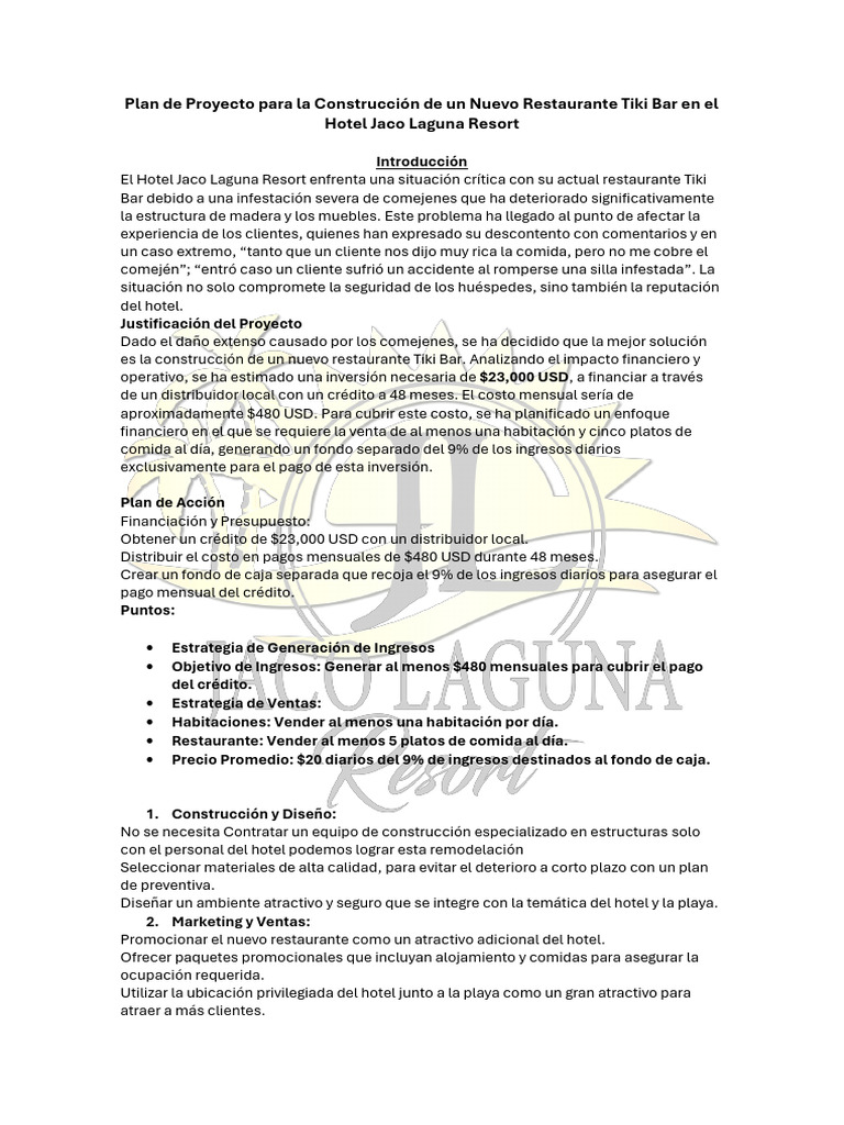 Plan de Proyecto para La Construcción de Un Nuevo Restaurante Tiki Bar ...