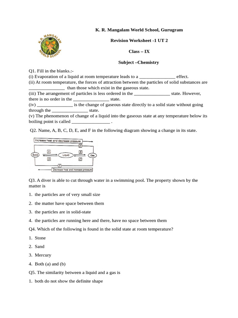 Worksheet 1 Chemistry Class IX | PDF | Liquids | Water