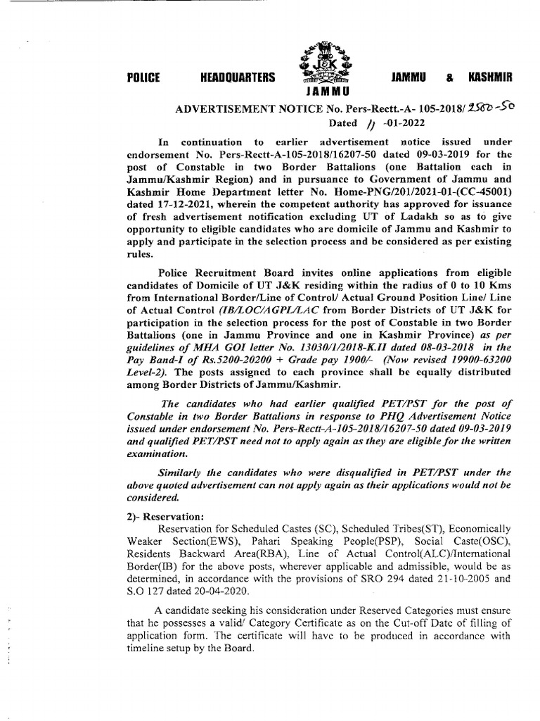 JK Police Official Constable Notification Border Battalions 2022 | PDF