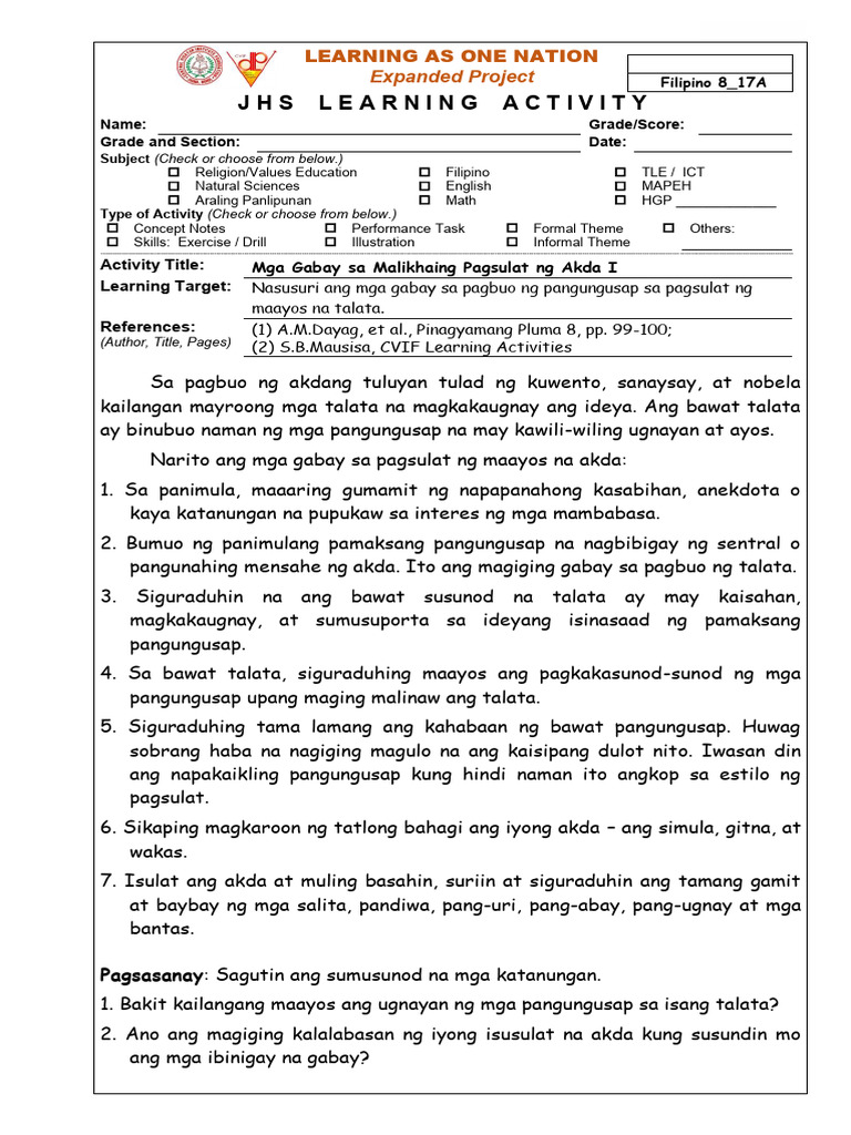 Filipino 8 LAS 17A Mga Gabay Sa Malikhaing Pagsulat NG Akda I | PDF