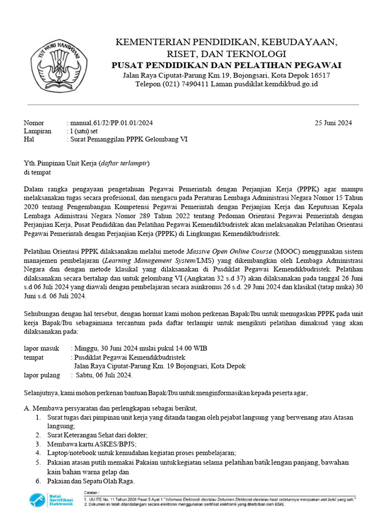 Pemanggilan Orientasi PPPK Gel 6 2024-1 | PDF | Karier & Perkembangan | Ilmu Sosial