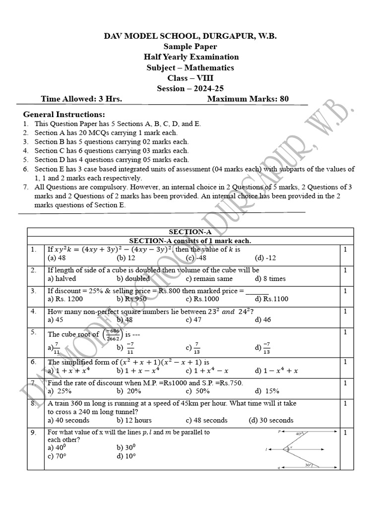 Sample Paper - Half-Yearly Examination - Class VIII 2024-25 | PDF